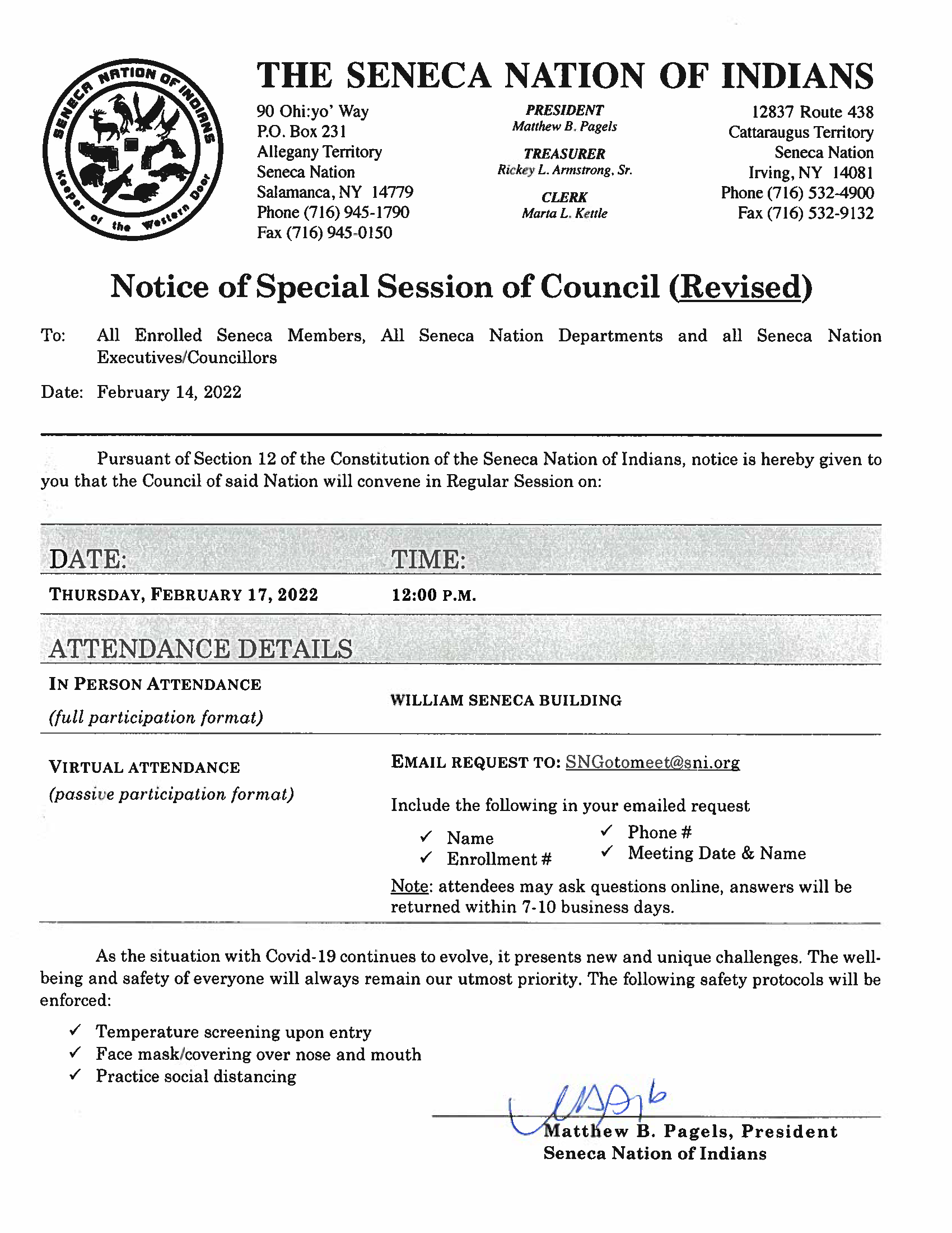 Notice of Special Session of Council Agenda - REVISED - SNI