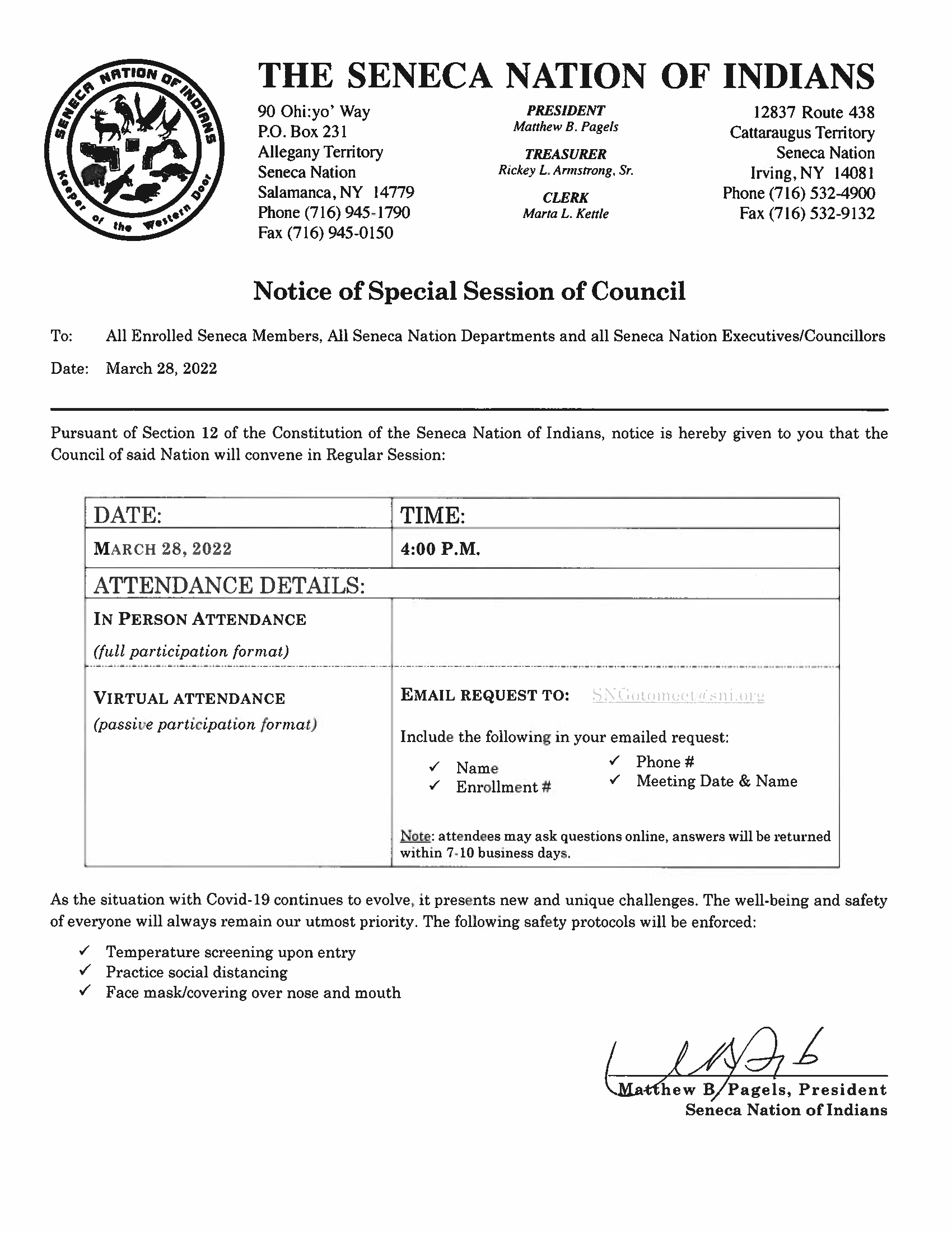 Notice of Special Council Monday 3/28/22 4pm - SNI