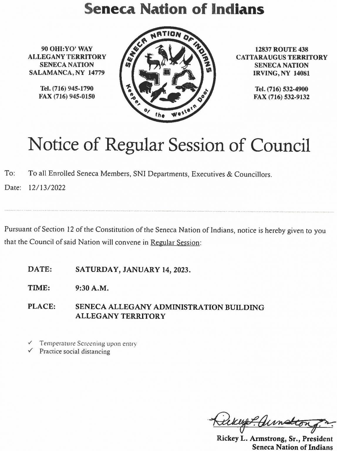 Notice of Regular Session of Council - January 14th - SNI