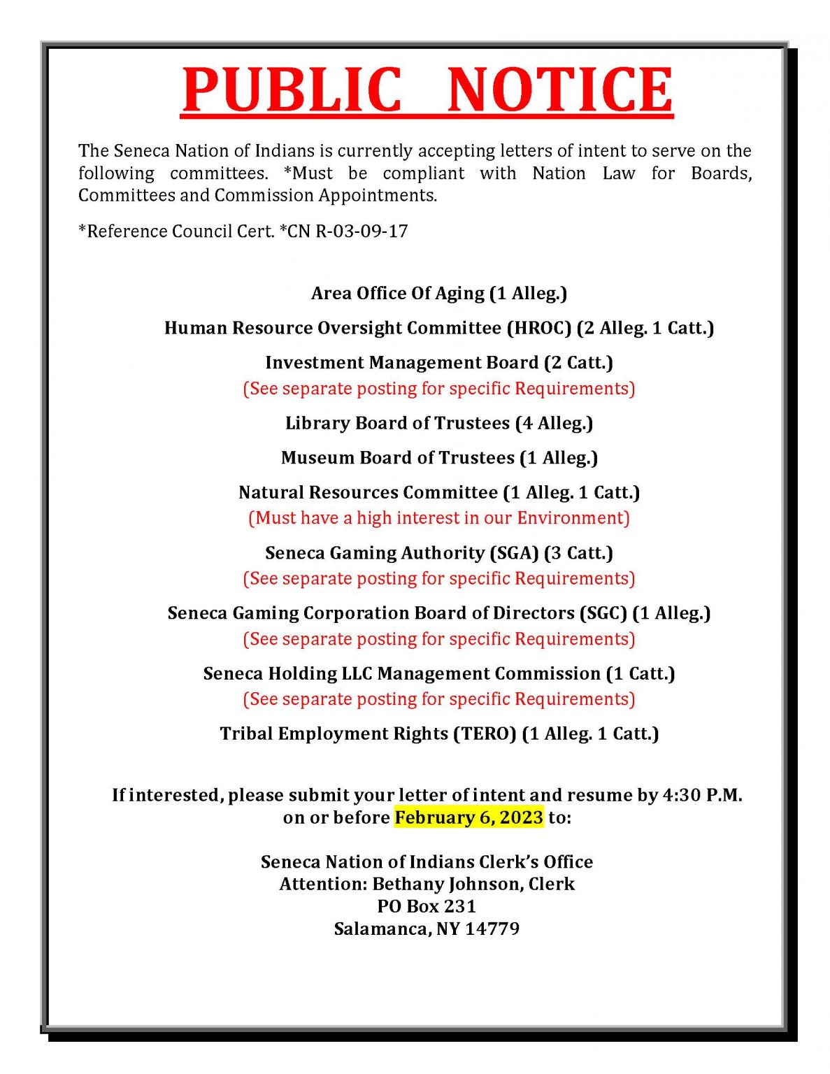 PUBLIC NOTICE: Now accepting letters of intent to serve on various ...