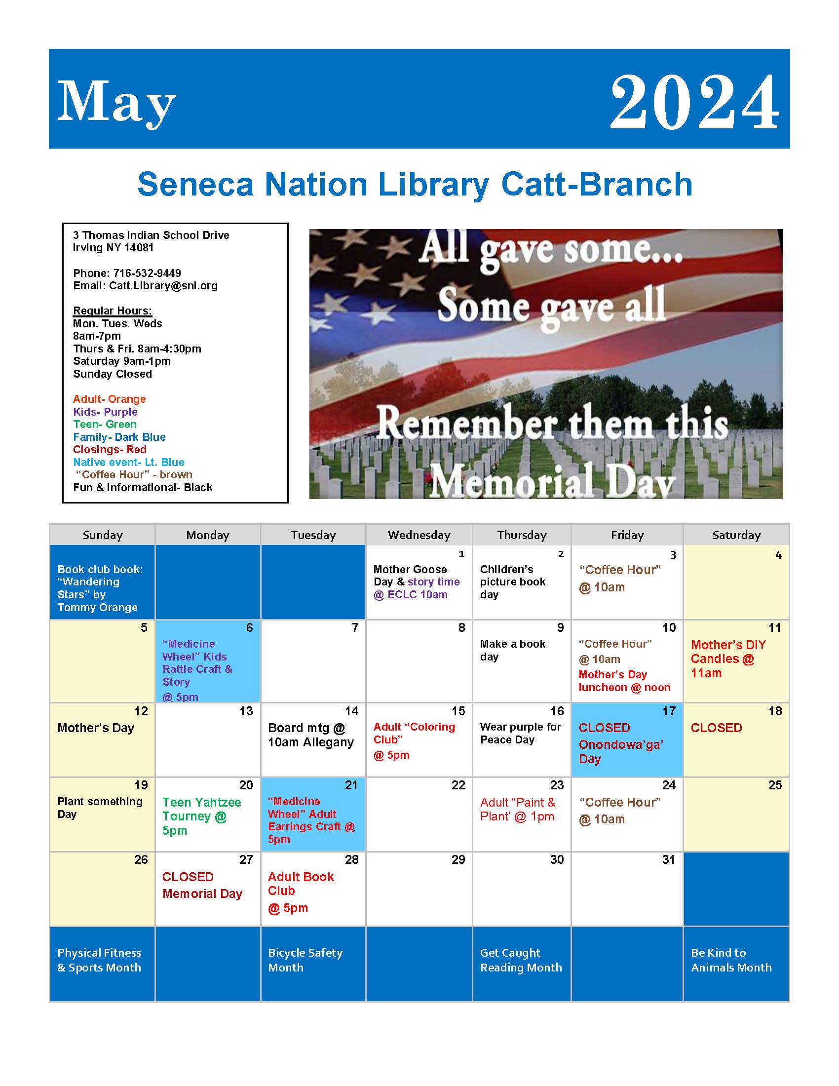 Seneca Nation Library Cattaraugus Branch May Patron Calendar - SNI