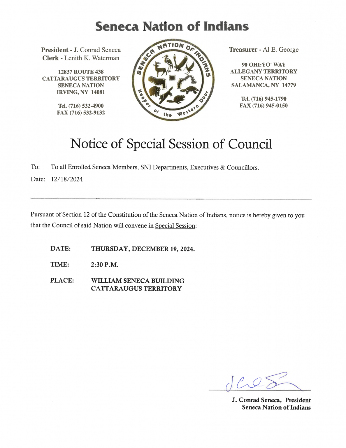Notice of Special Session of Council - SNI