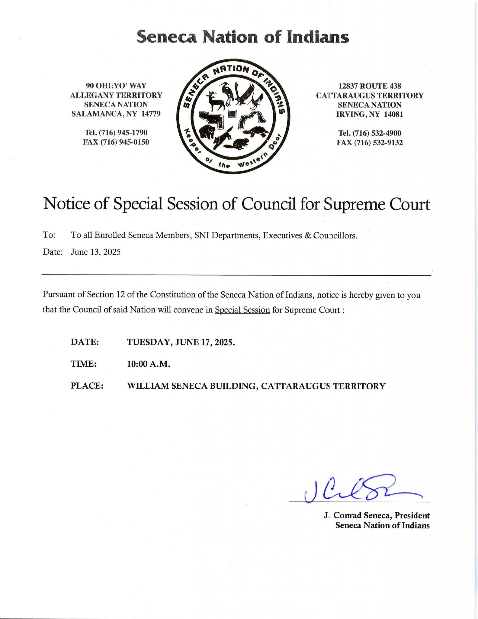 Notice of Special Session of Council, 6/17/25 - SNI